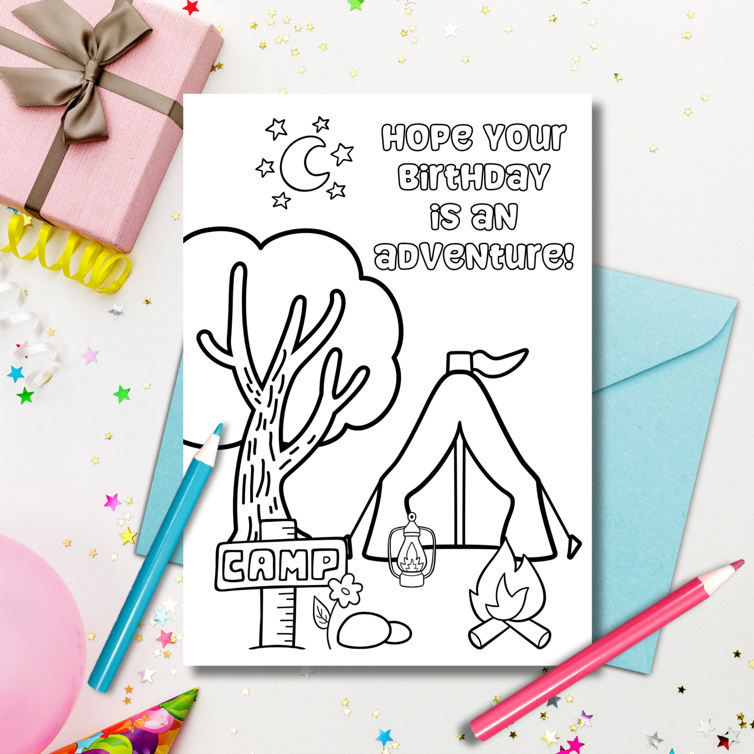 Camping Birthday Card for Kids to Color - Download, Print, and Color ...