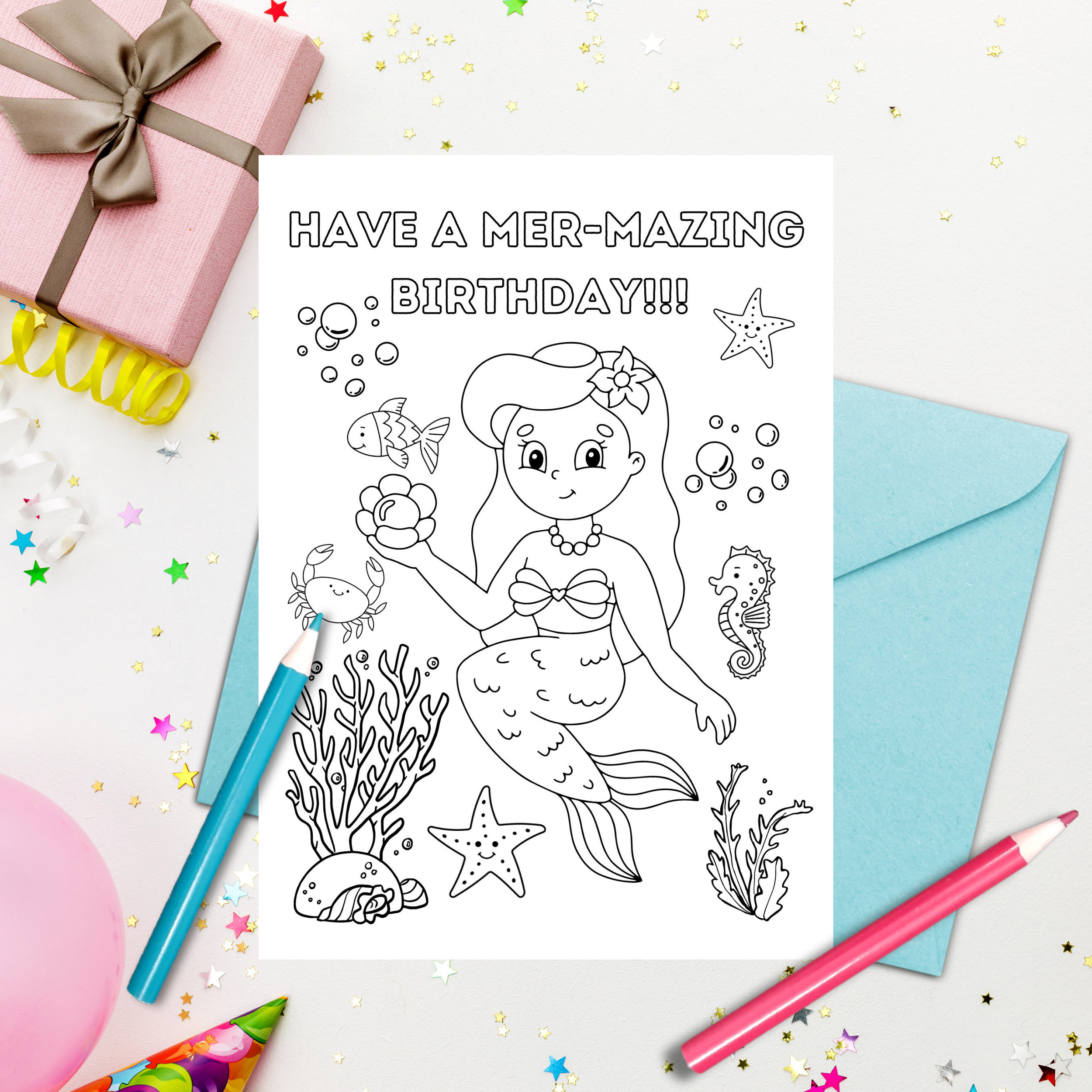 Printable Mermaid Birthday Coloring Card for Kids - Download, Print ...