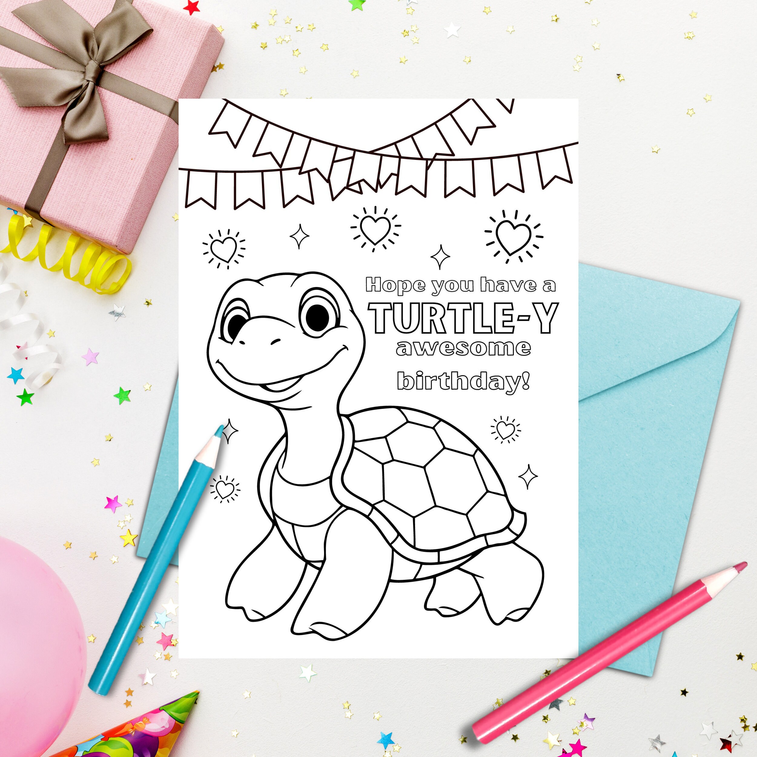 Printable Turtle Birthday Coloring Card for Kids - Download, Print, and ...