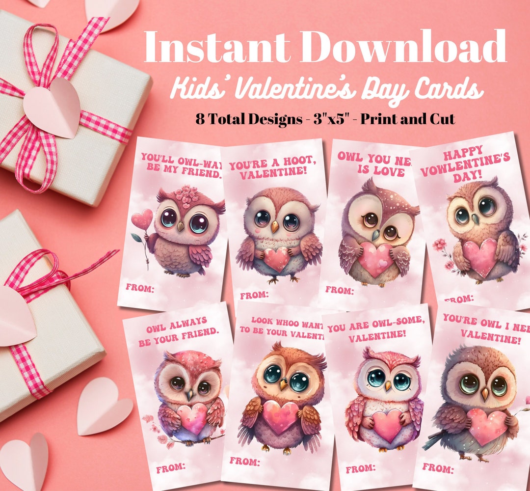 Printable Owl Valentine's Day Cards for Kids' Classroom Owl Dinosaurs ...