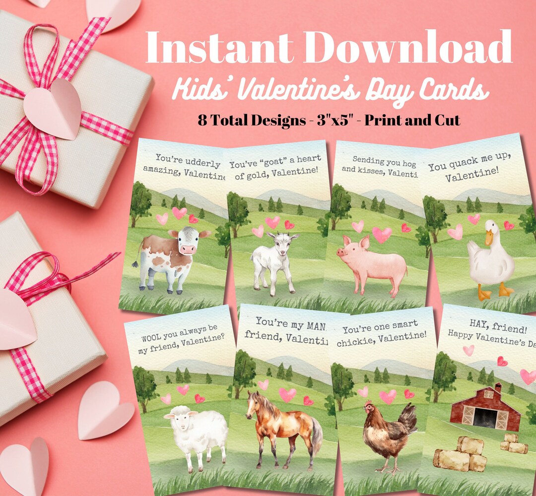 Printable Farm Life Valentine's Day Cards for Kids Farm Valentines 3x5 ...