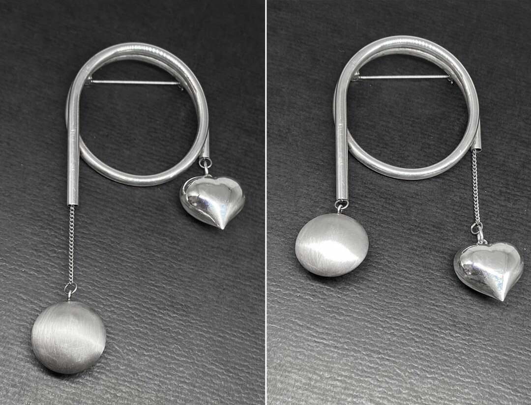 Signed Kinetic Sterling Heart Brooch, Vintage Artisan Modernist Studio ...