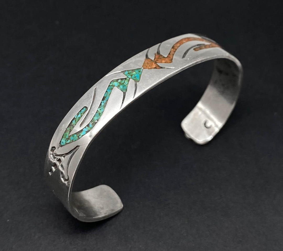 Picto Mark Signed 70s Navajo Sterling Silver Turquoise Coral Chip Inlay ...
