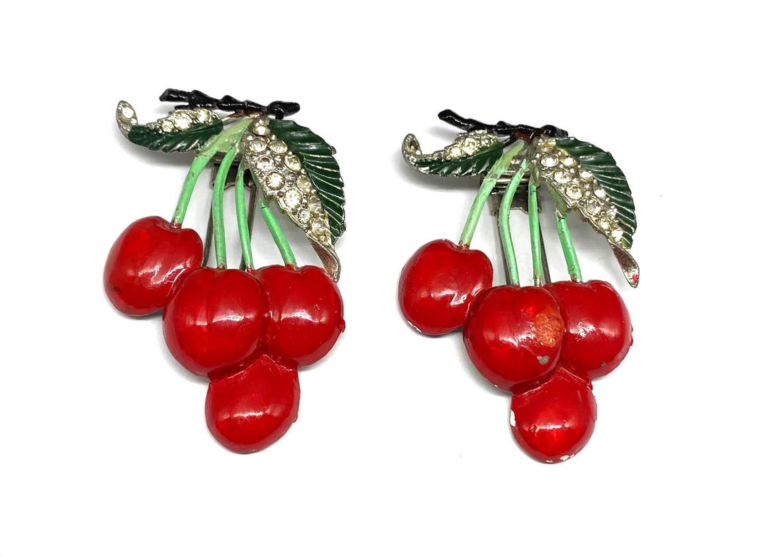 1940s Enamel Pot Metal Cherry Fur Clip Brooch Pair, Vintage Unsigned ...
