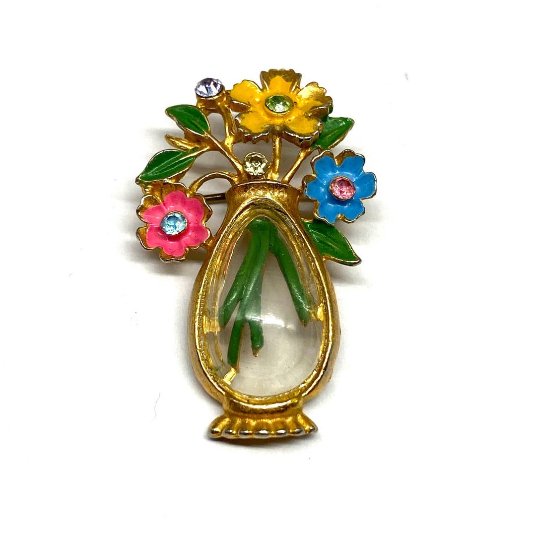 Unusual 1940s Figural Vase With Flowers Brooch Pin, Gold Tone Painted ...