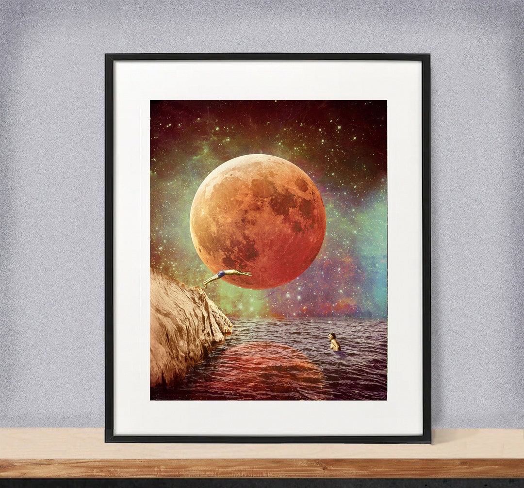 Red Moon Collage Art Print: Surreal Twilight Lake Dip - Etsy