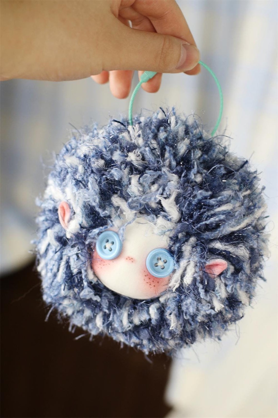 OOAK Ragdoll Head Plushy - 12 Cm Button Eyes Fabric Keychain, Gray Blue ...