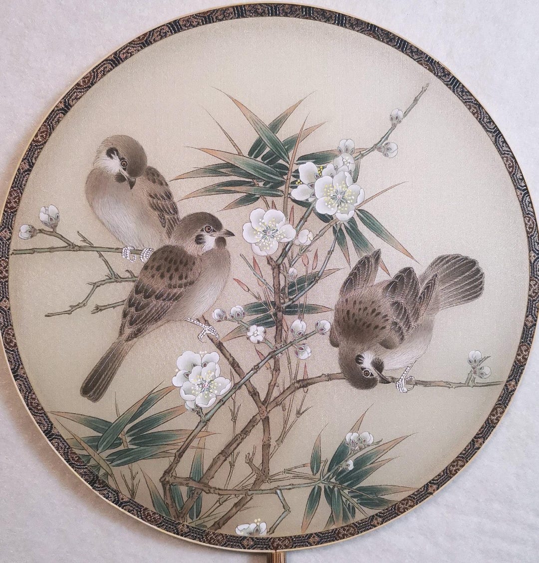 Hand-painted Silk Round Fan –“sparrows Amid Plum Blossoms and Bamboo ...
