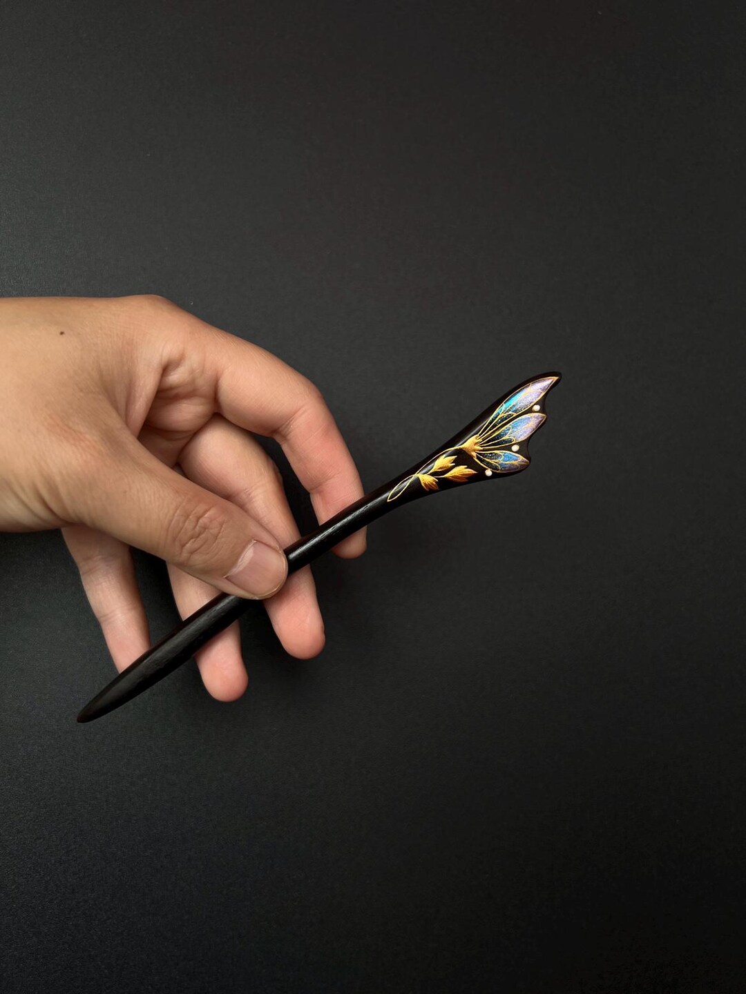 Hand-painted Ebony Wood Hairpin, Fantasy Fish Fin, Insect Wing, Hanfu ...