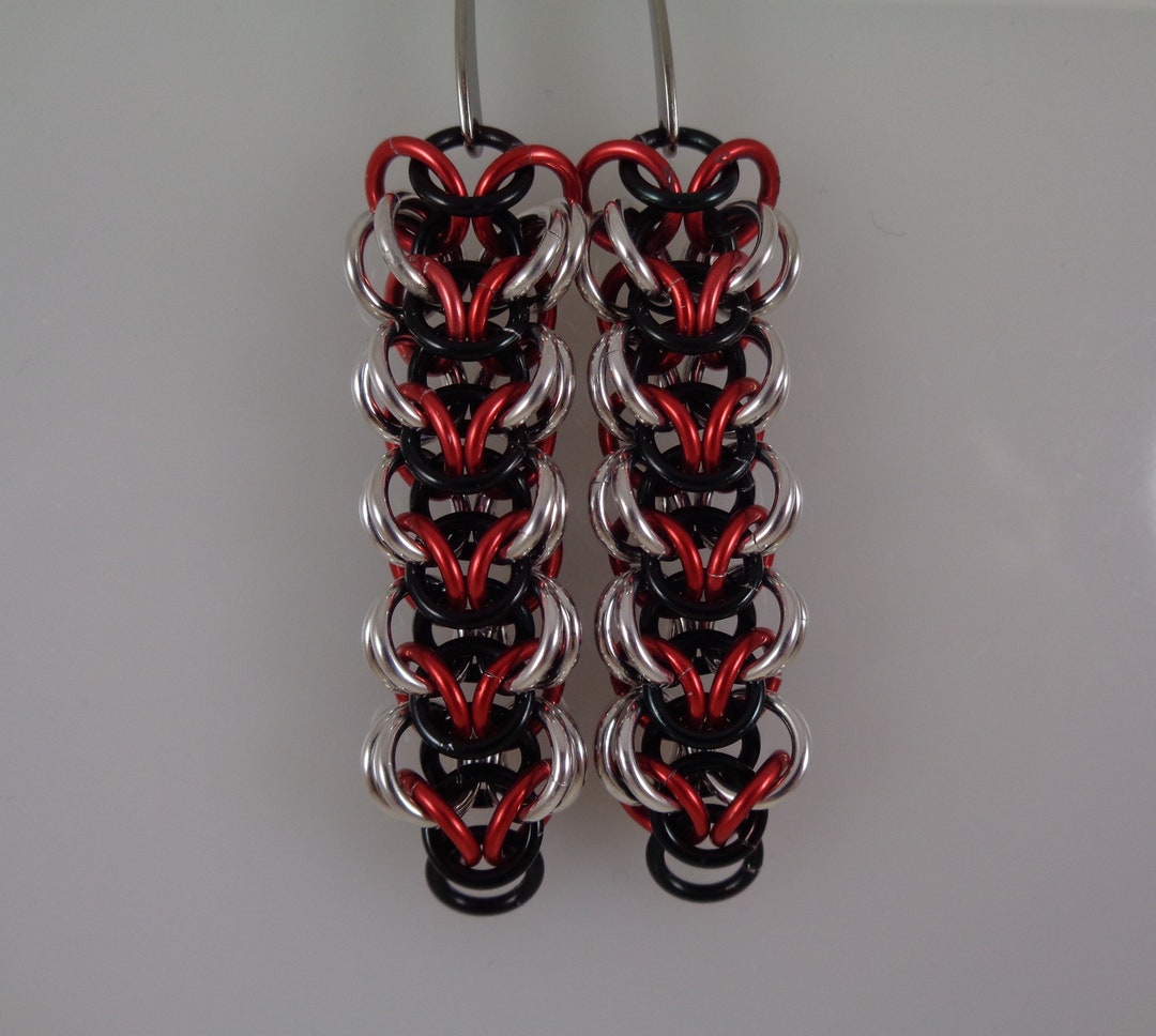 Elf Weave Chainmail Earrings Silver, Black and Red Elfweave Chainmaille ...