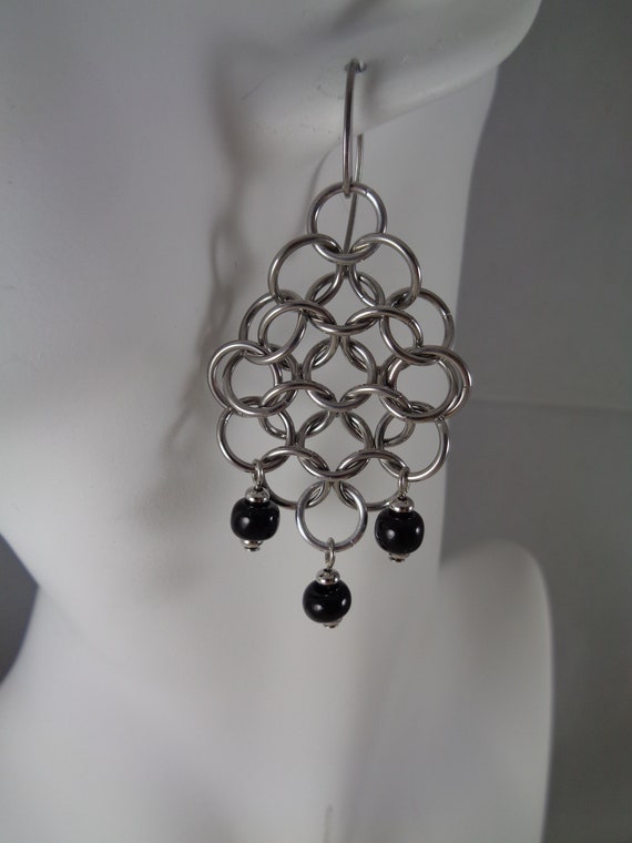 Silver and Black Chain Mail Earrings European 4-in-1 | Etsy