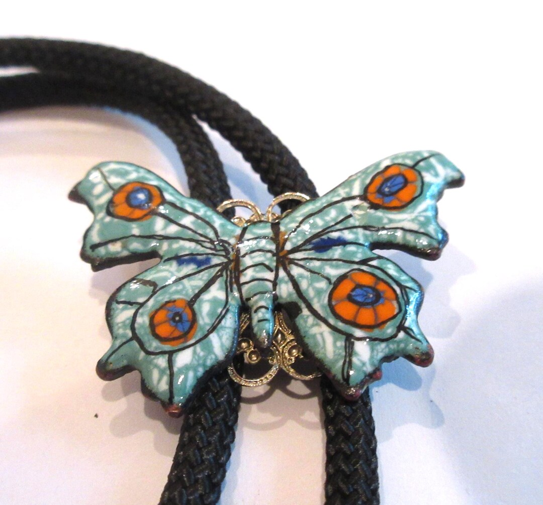 Butterfly Bolo Tie, Handcrafted Green Tone W White Orange Enamel ...