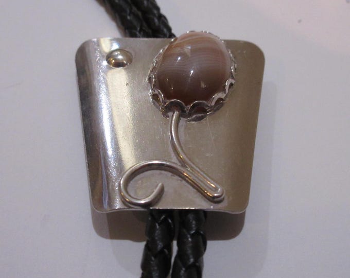 Stone Bolo Tie, Vintage Small Sterling Silver Southwestern Gray Beige ...