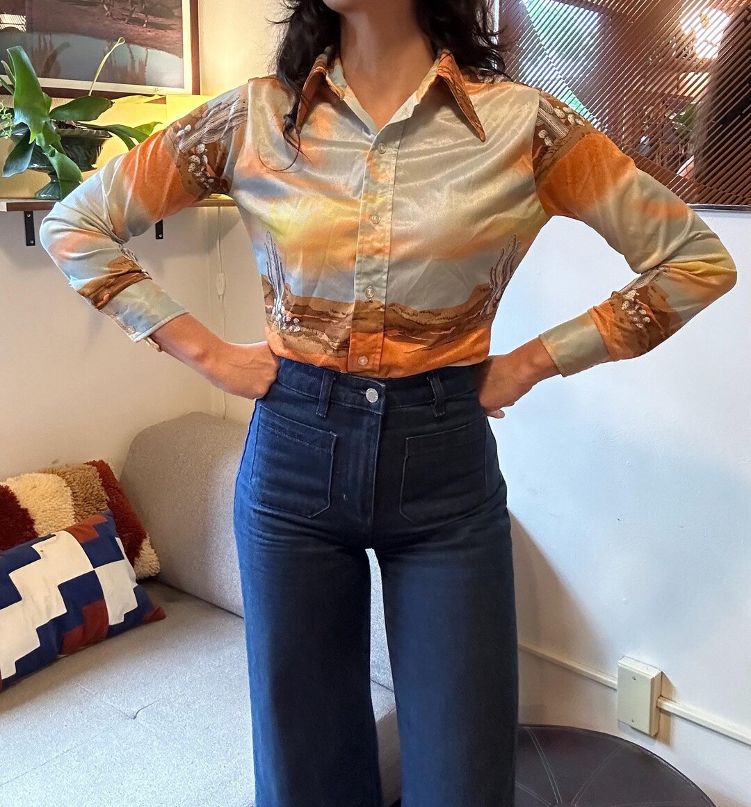 Vintage 70s Rare Desert Golden Hour Watercolor Button Down Top XS S ...