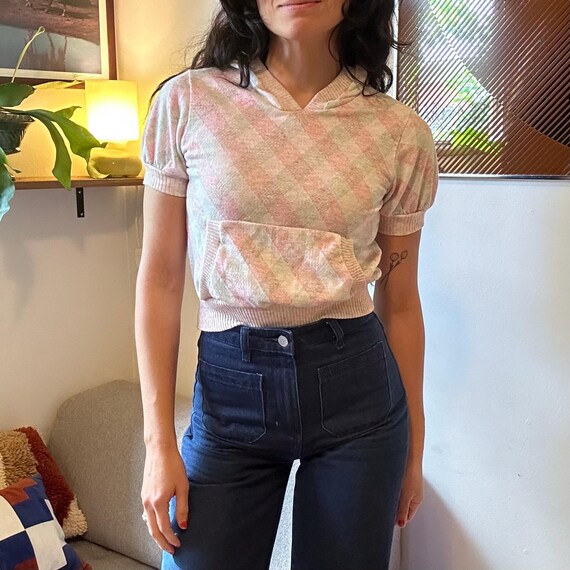 vintage 70s cute! plaid crop top XS puff sleeves boho - Gem