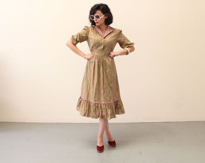 Vintage 60s Boho Floral Belted HIPPIE Empire Prairie Ruffle Midi Dress ...