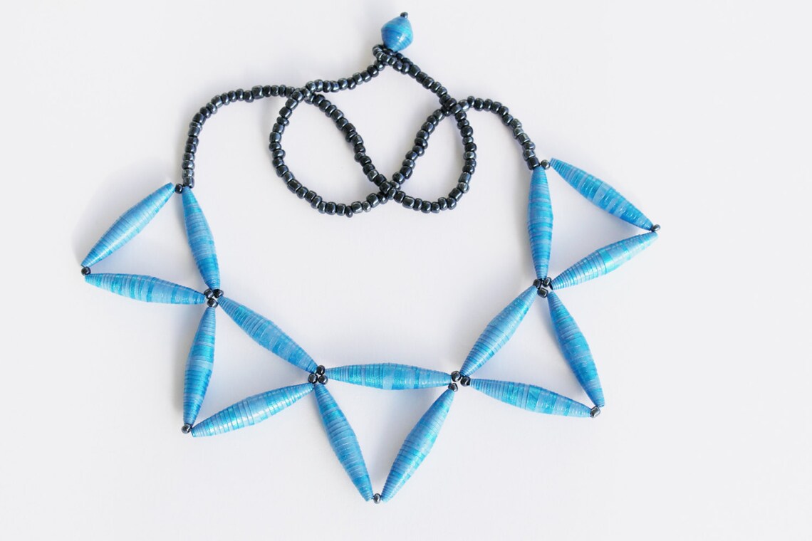 Iridescent Blue Paper Bead Necklace - Etsy
