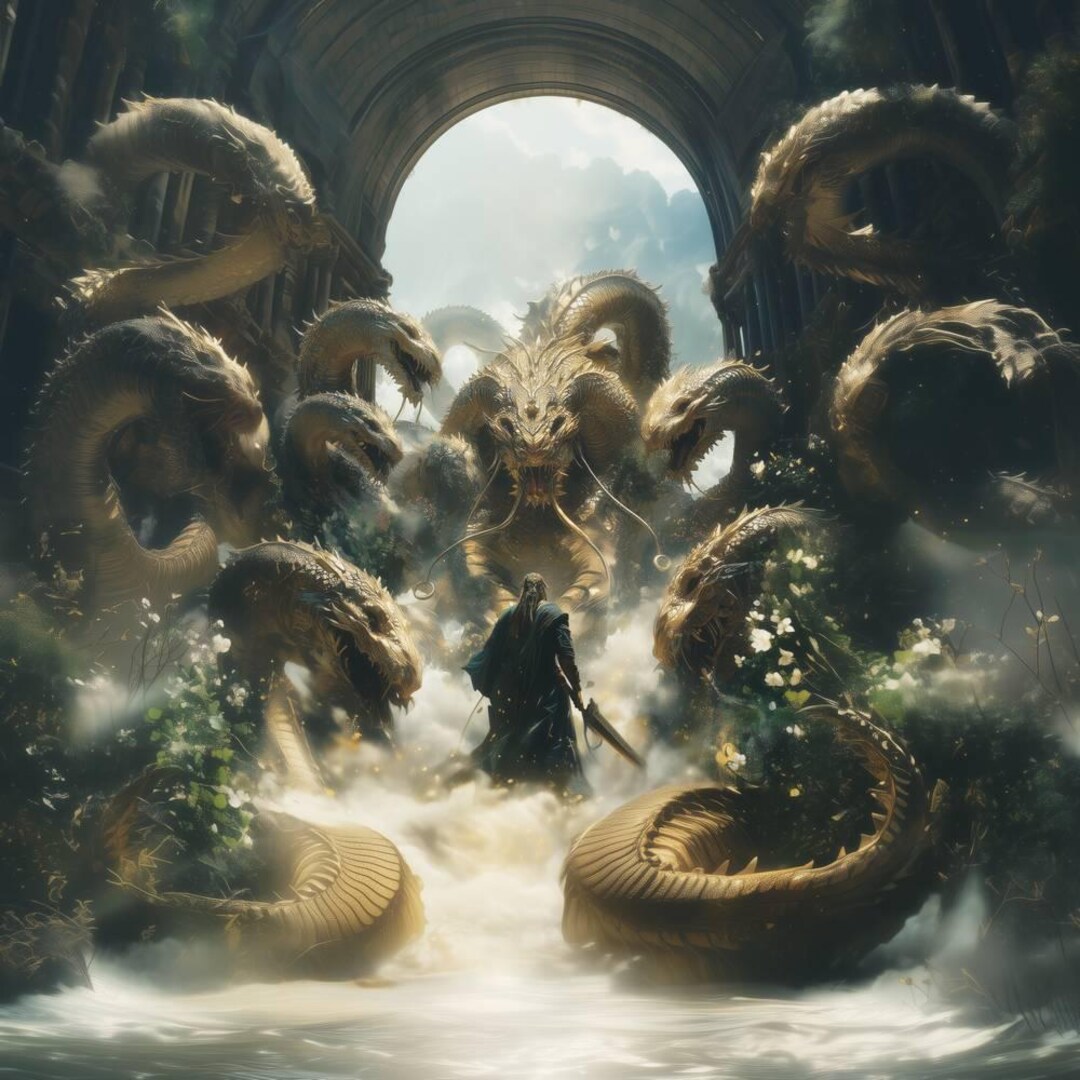 Legendary Hydra Battle Digital Art Heroic Fantasy Wall Decor Mythical ...