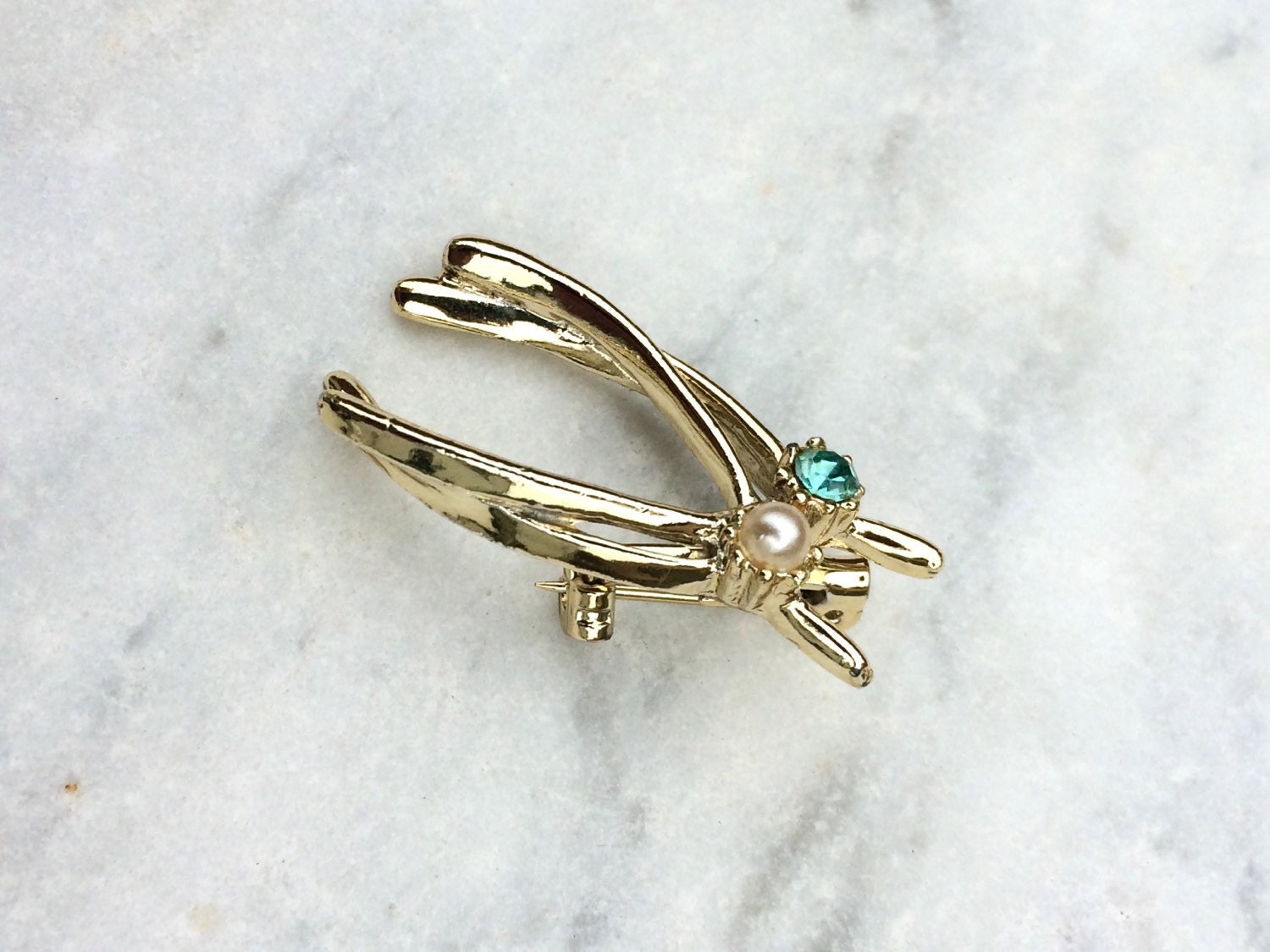 Vintage Wishbone Brooch Wishbones Pin, Gold Brooch W Blue Rhinestone ...