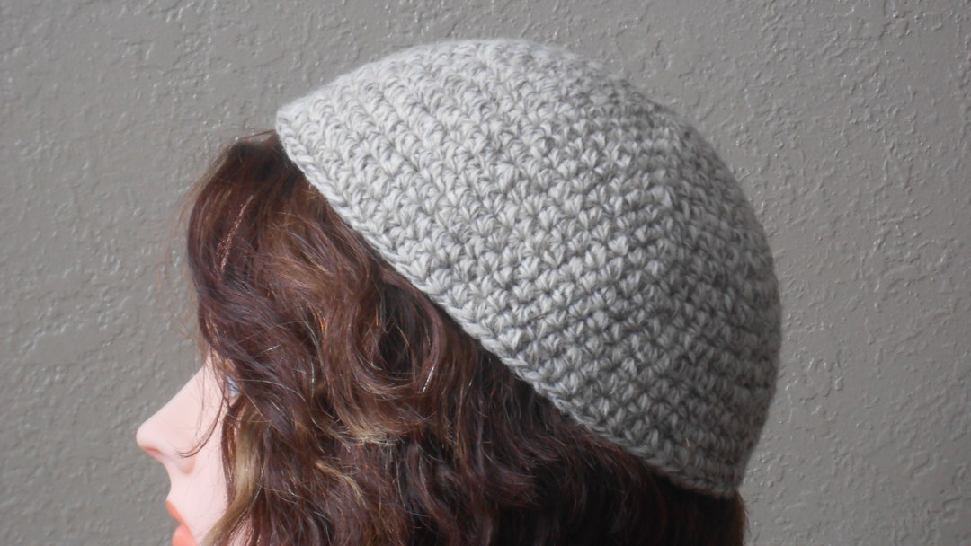 Mens 10 Inch Wool Frik Kippah in Tan Gray and Cream, Wide Row Crocheted ...