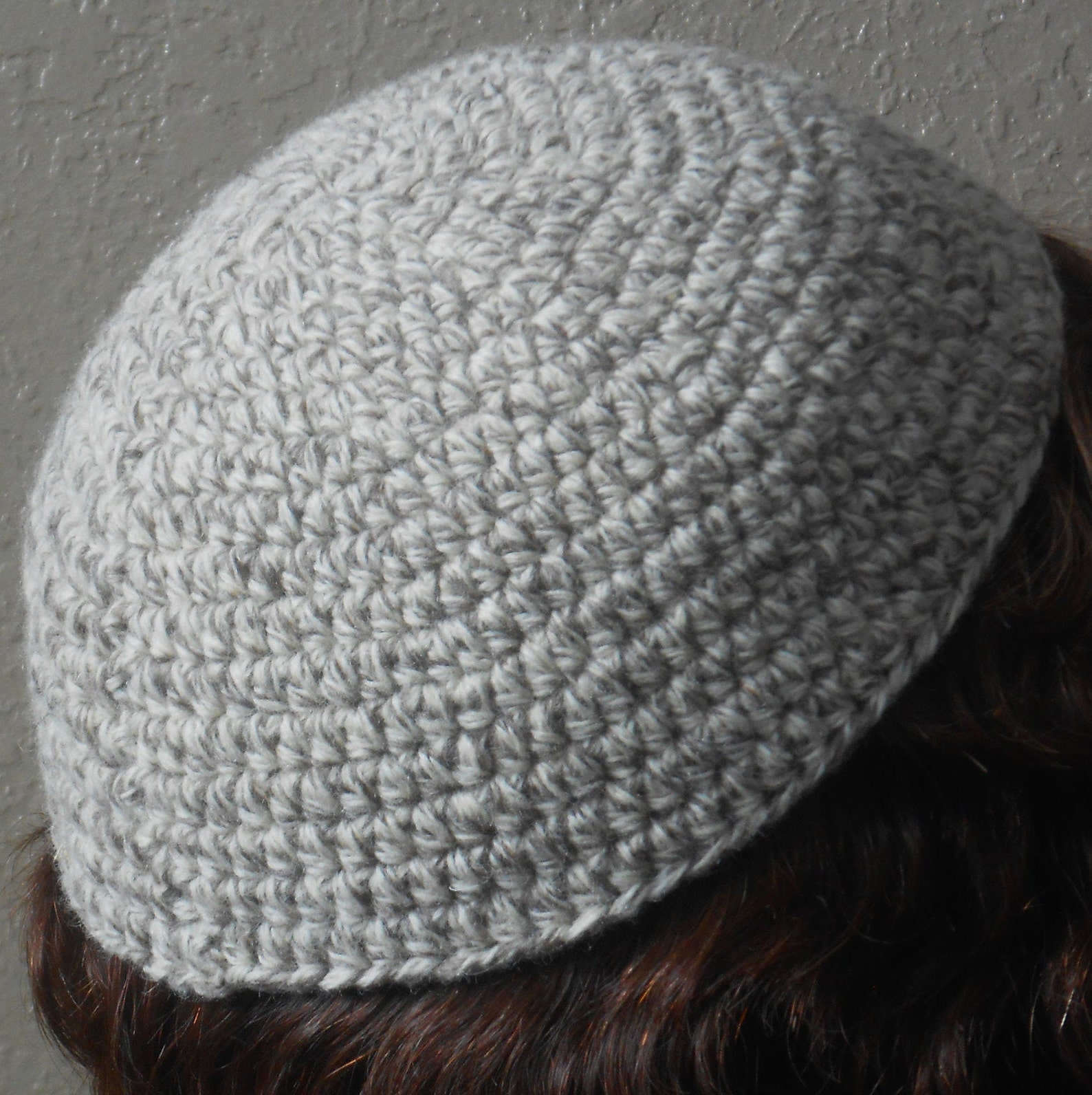 Mens 10 Inch Wool Frik Kippah in Tan Gray and Cream, Wide Row Crocheted ...