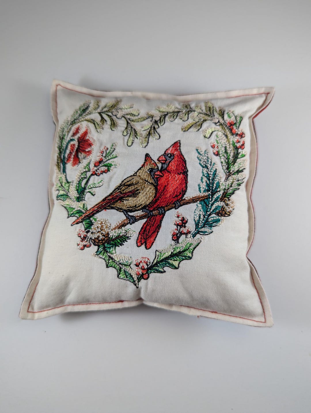 Embroidered Balsam Filled Pillow, Cardinals, Christmas, Heart, Gift ...