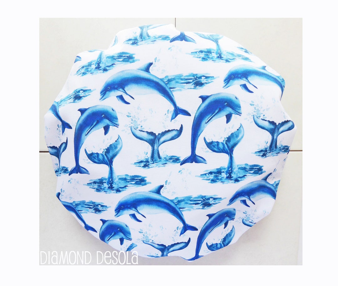 Shower Cap Bathing Showering Hat Blue Dolphin Print on White Cotton ...