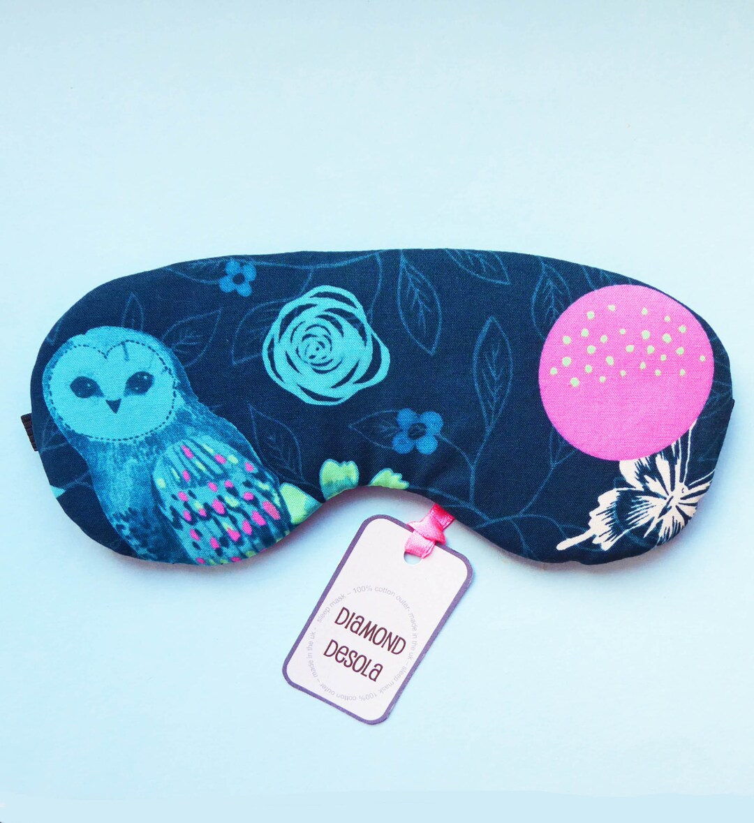 Owl Sleep Mask: Teal Cotton Print Blindfold, Diamond Desola, UK Made - Etsy
