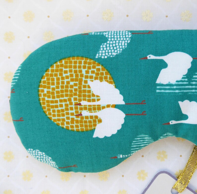 Eye Sleep Mask Cranes Flying Teal and Ochre Sun Deco Soft Cotton Travel ...