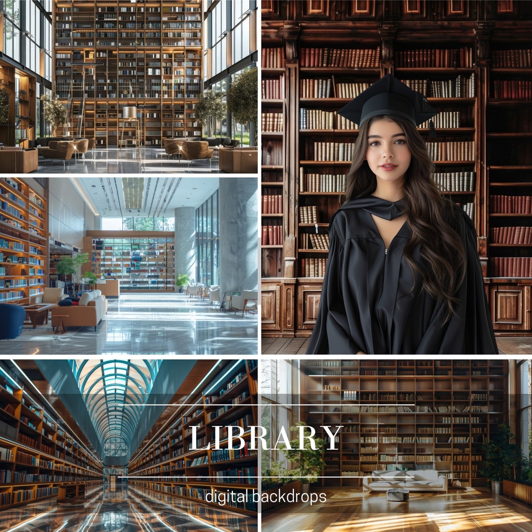 Modern Library Digital Backdrops for Composite Photography, Graduation ...