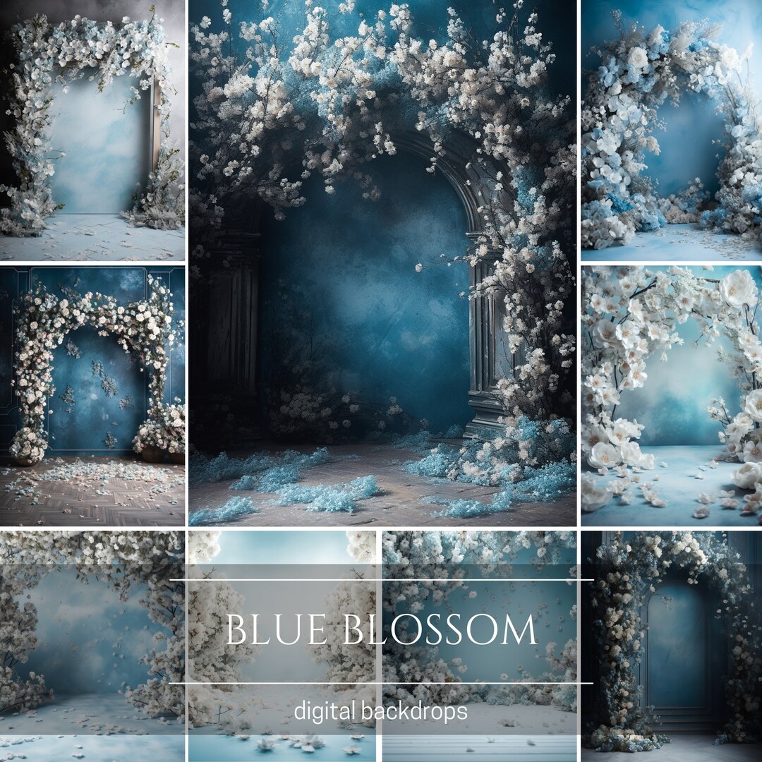 9 Blue Blossom Floral Digital Backdrops, Studio Backdrop Overlays ...