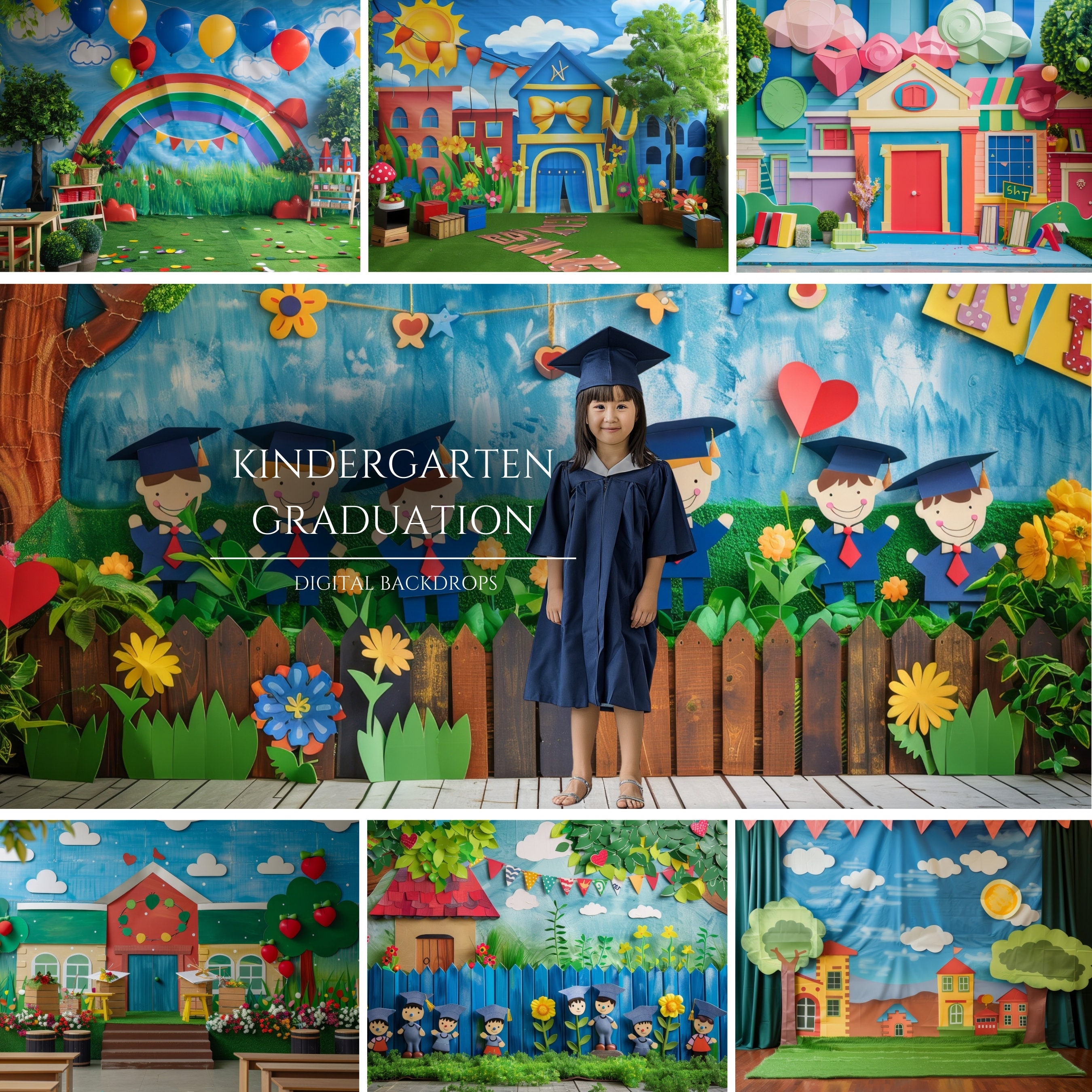 Kindergarten Graduation Digital Backdrops, Back to School Backdrops ...