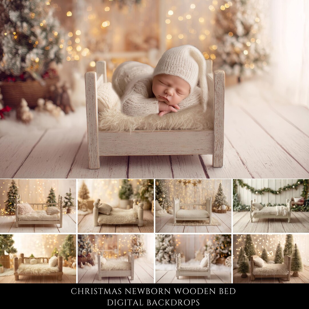 Christmas Newborn Backdrop Wooden Bed Beige Neutral Winter Scene Fairy ...