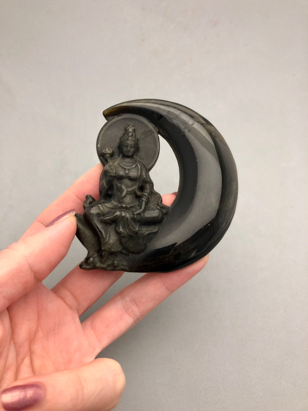 Gold Sheen Obsidian Kwan Yin on Moon Carving Guan Yin Goddess ...