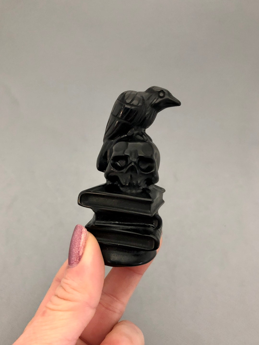 Black Obsidian Raven, Skull & Book of Stacks Figurine 3 1/4 Tall for ...