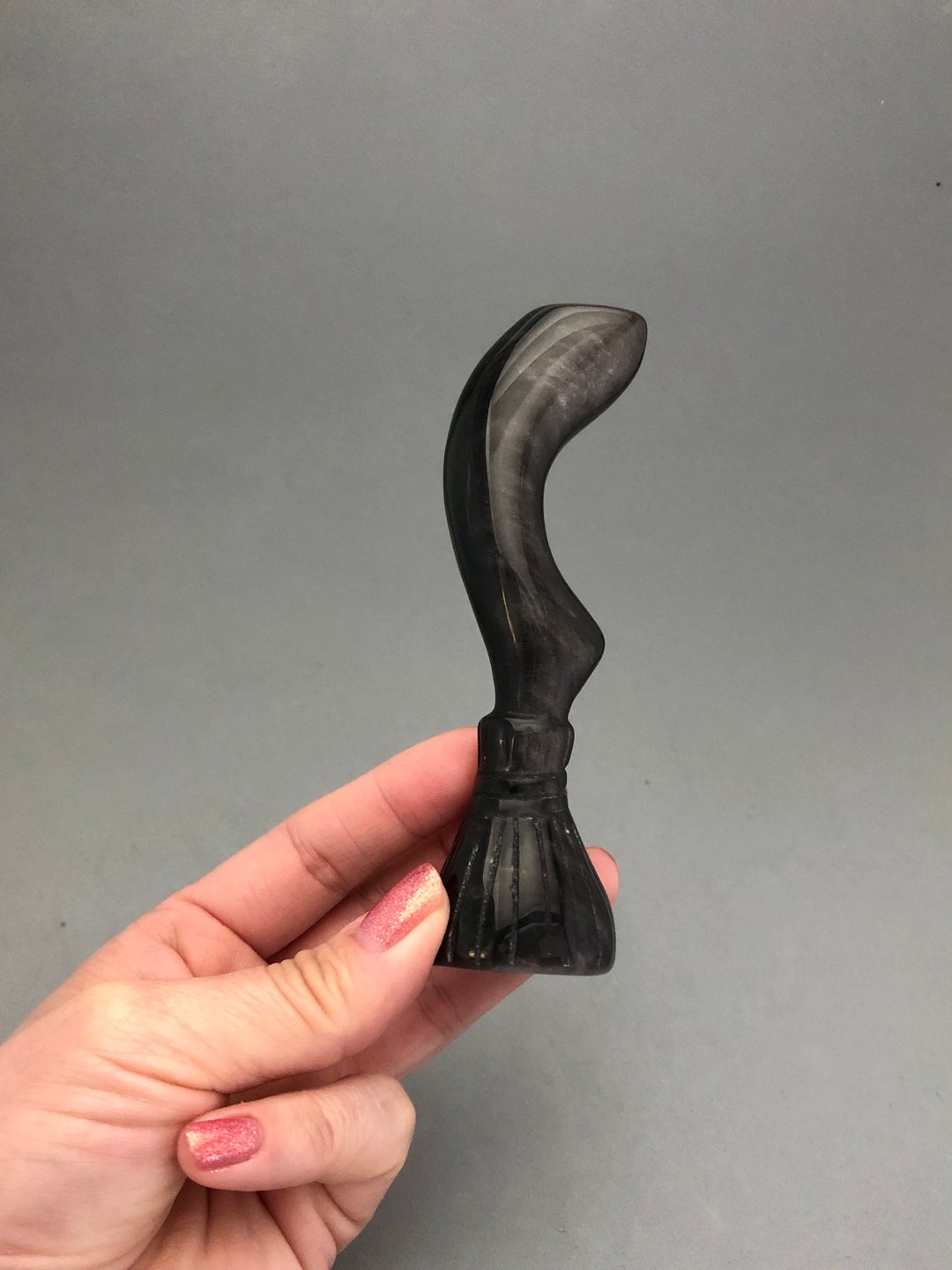 A Silver Sheen Obsidian Besom or Broom Carving 4 3/4 Tall for Altars ...