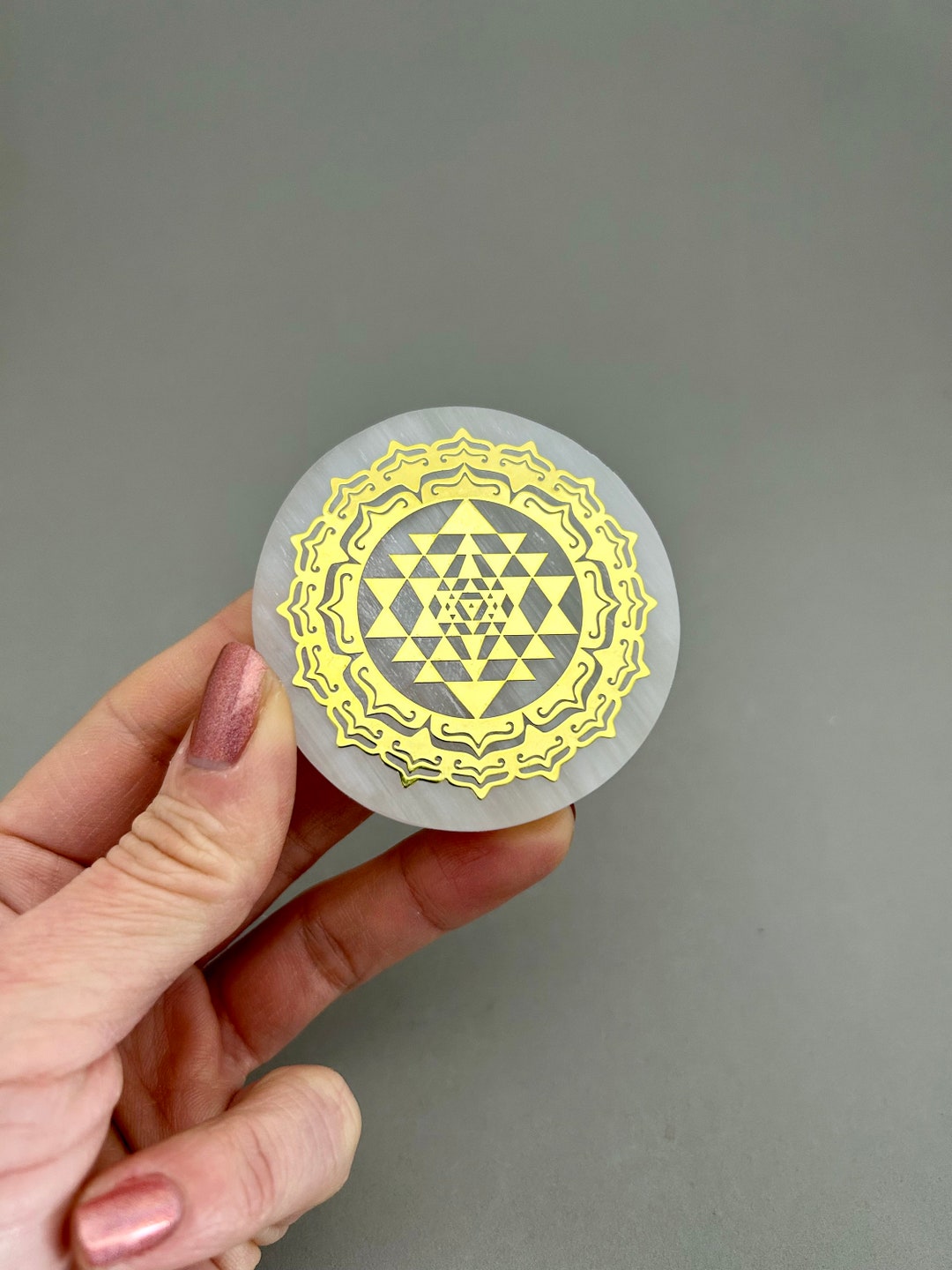 White Selenite Disc With Gold Sri Yantra Home Decor Home Protection ...