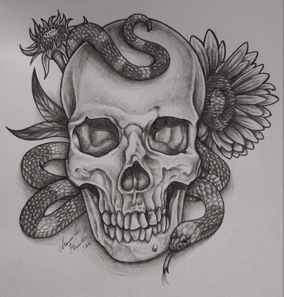 Skull & Kingsnake | Graphite Drawing - Etsy