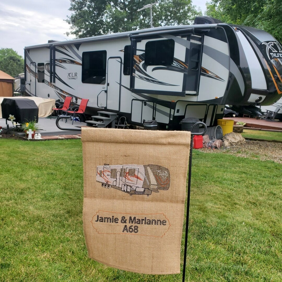 Custom Embroidered RV, Camper, Motorhome or Trailer Burlap Garden Flag ...