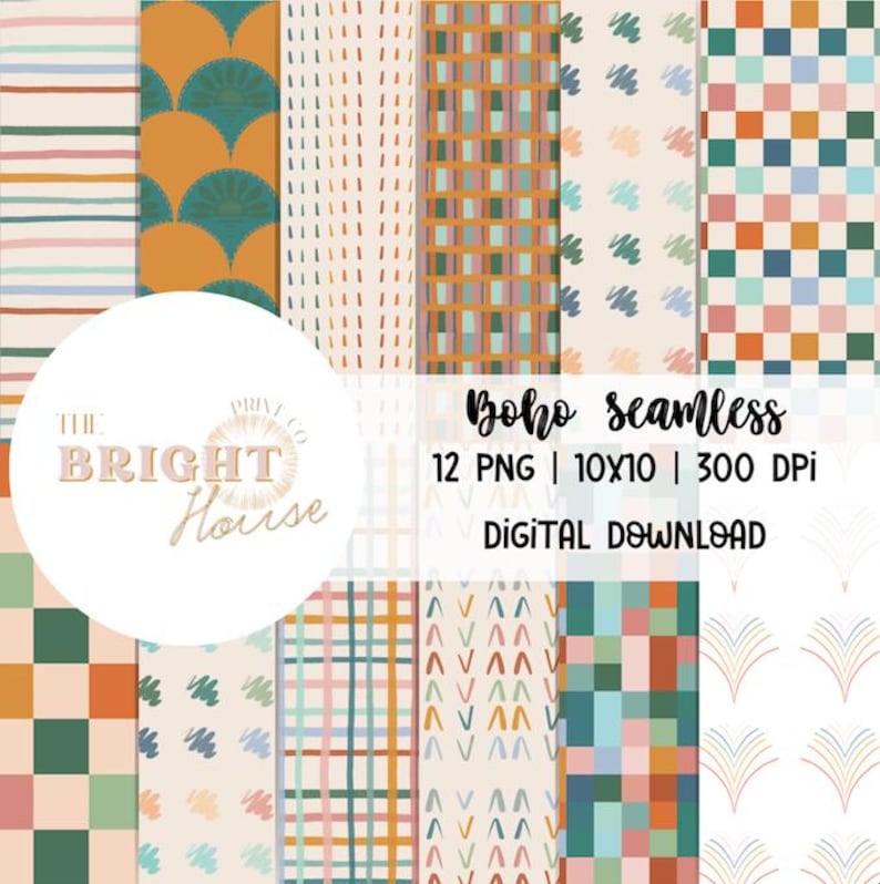 Hand Drawn Seamless Pattern Bundle, Boho Seamless File, Plaid Seamless ...