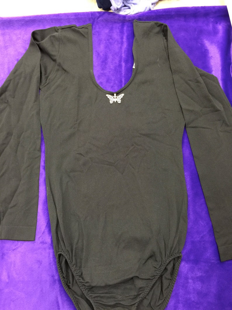 80s Danskin Classic Black Long Sleeve Bodysuit Leotard Adorned W Sterling Silver Butterfly