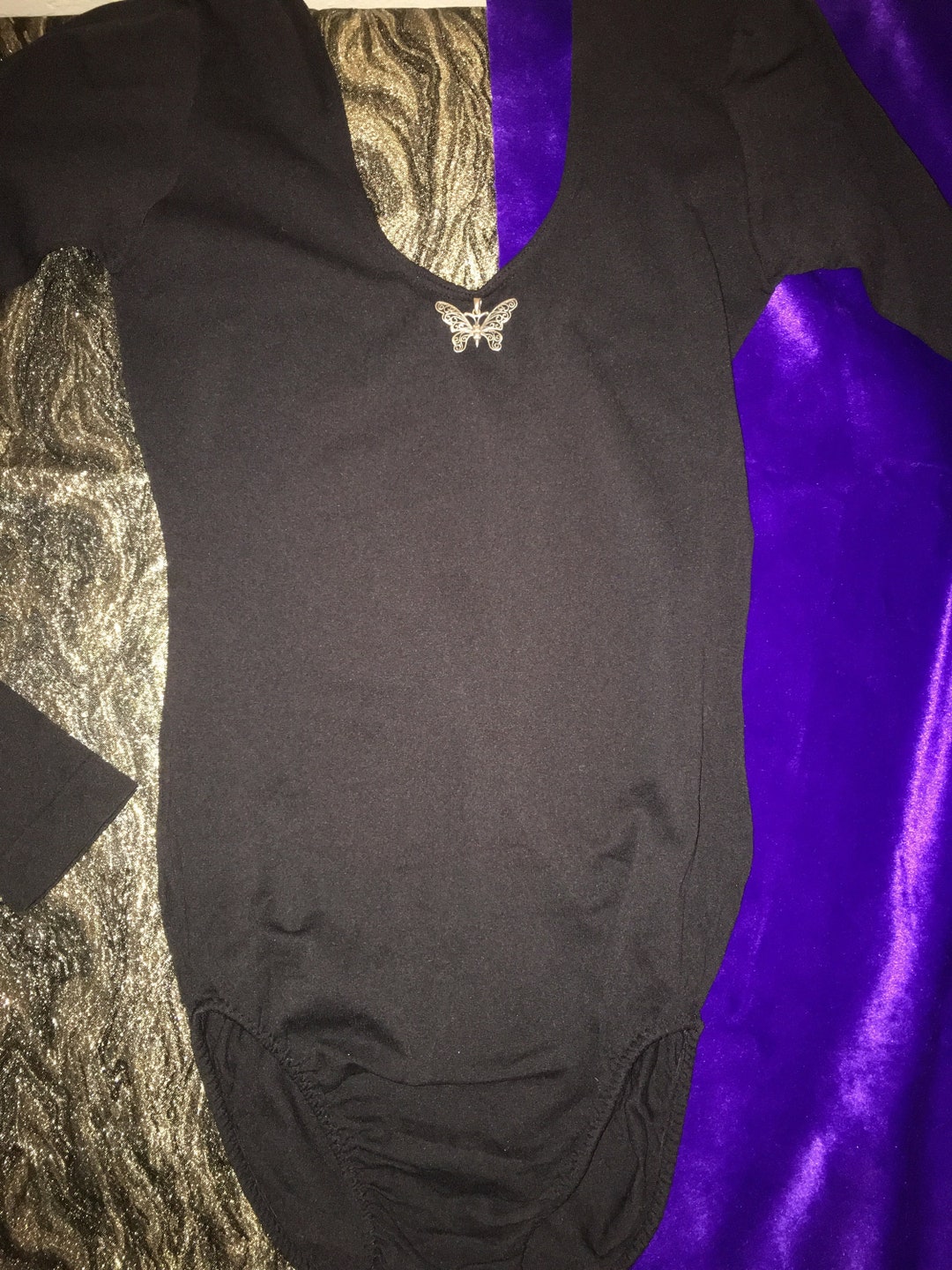 80's Danskin Classic Black Long Sleeve Bodysuit/ Leotard Adorned W ...