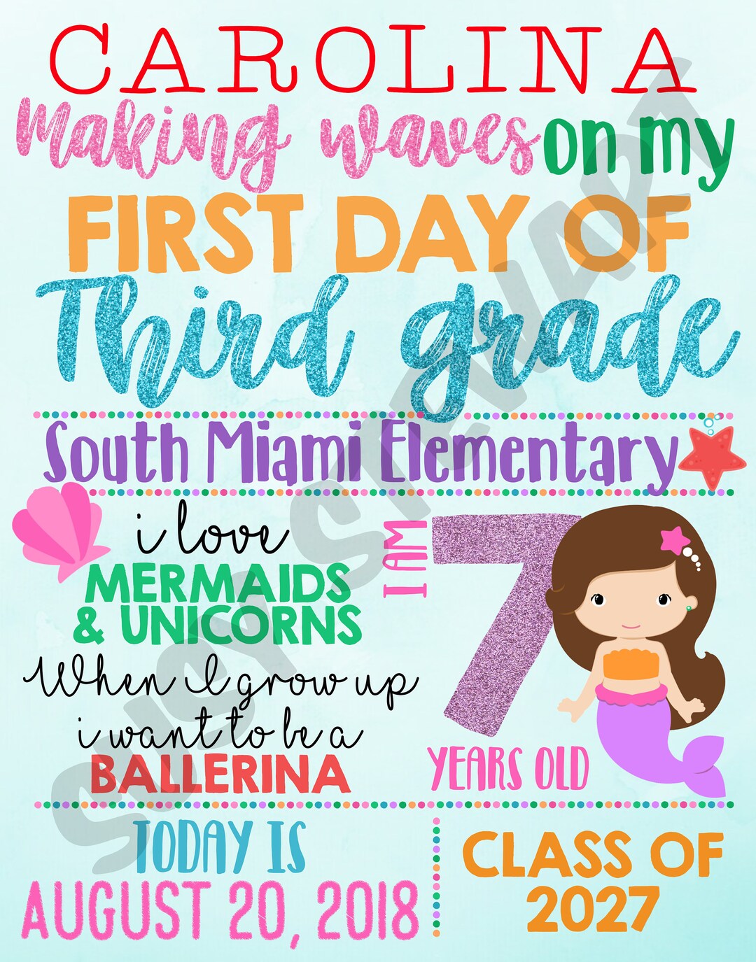 First Day of School Mermaid Themed Sign 11x14 ** Digital File** - Etsy