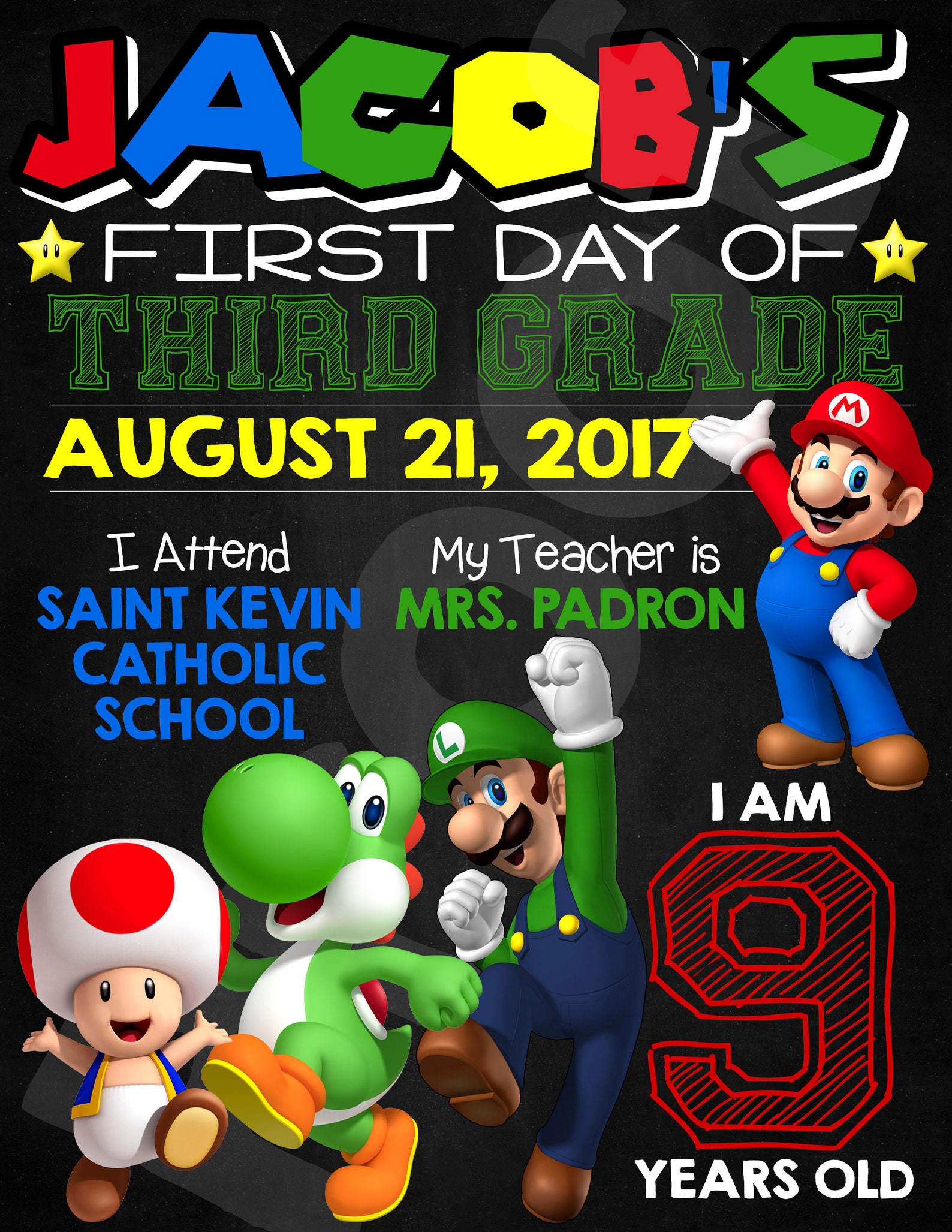 Super Mario Bros. First Day of School / Back to School Sign ** Digital ...