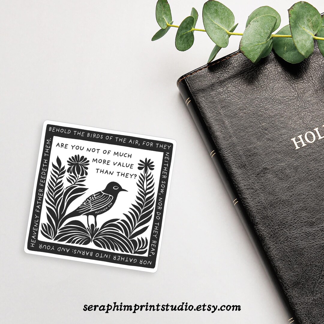 Behold the Birds Folk Art Flower Linocut Christian Bible Verse Sticker ...