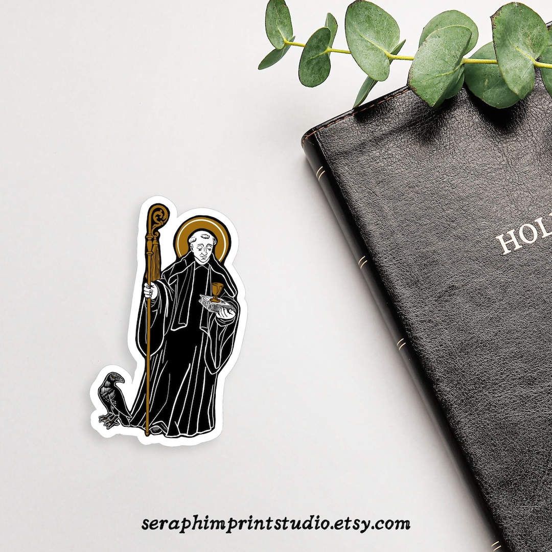 St. Benedict Raven Icon Linocut Illustration Sticker Water Bottle ...