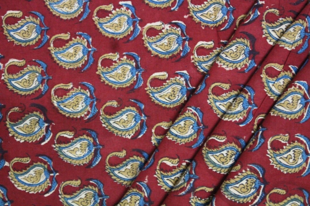 Maroon Color Paisley Print Fabric, Hand Block Printed Natural Vegetable ...