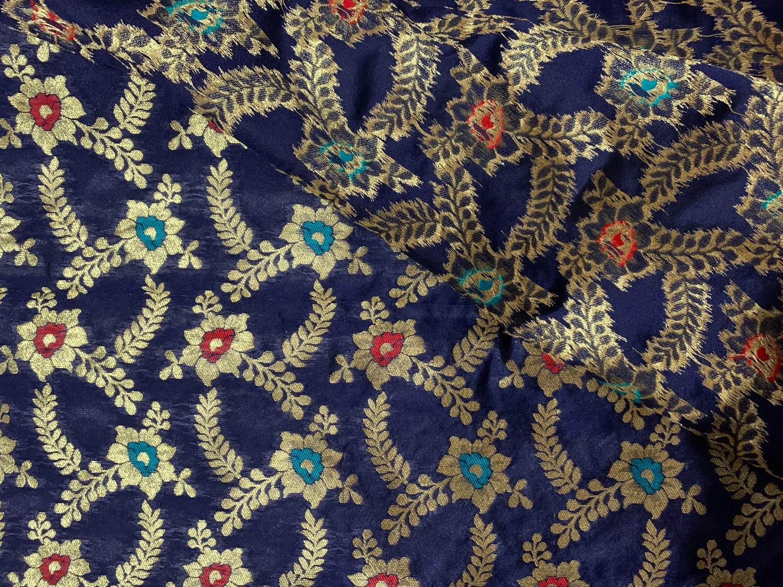 Navy Blue Brocade Fabric by the Yard Indian Fabric Crafting | Etsy