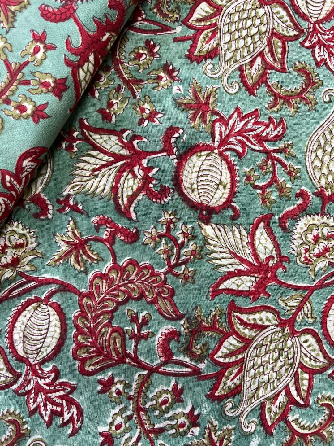 Green Floral Print, Cotton Fabric, Block Print Fabric, Sewing Craft ...