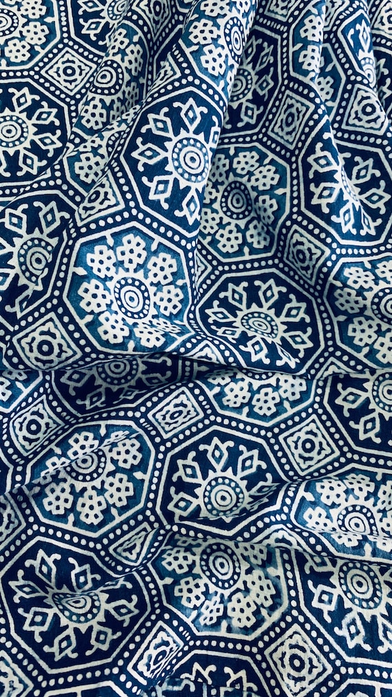 Blue Block Print Fabric Cotton by the Yard Fabric Hand Dyed - Etsy
